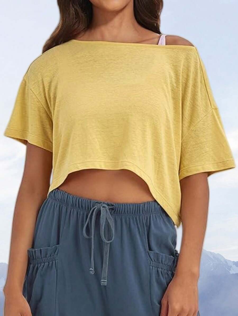 Oversized Shoulder Short Sleeve Crop Top, Off Shoulder Loose Casual T ...