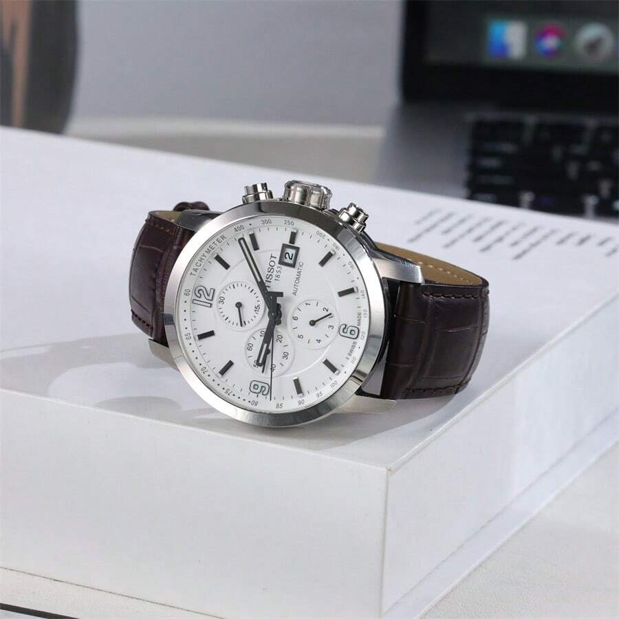 Tissot Tissot PRC 200 Men's Automatic Chrono White Dial Watch With Brown Leather Strap T055.427 ...