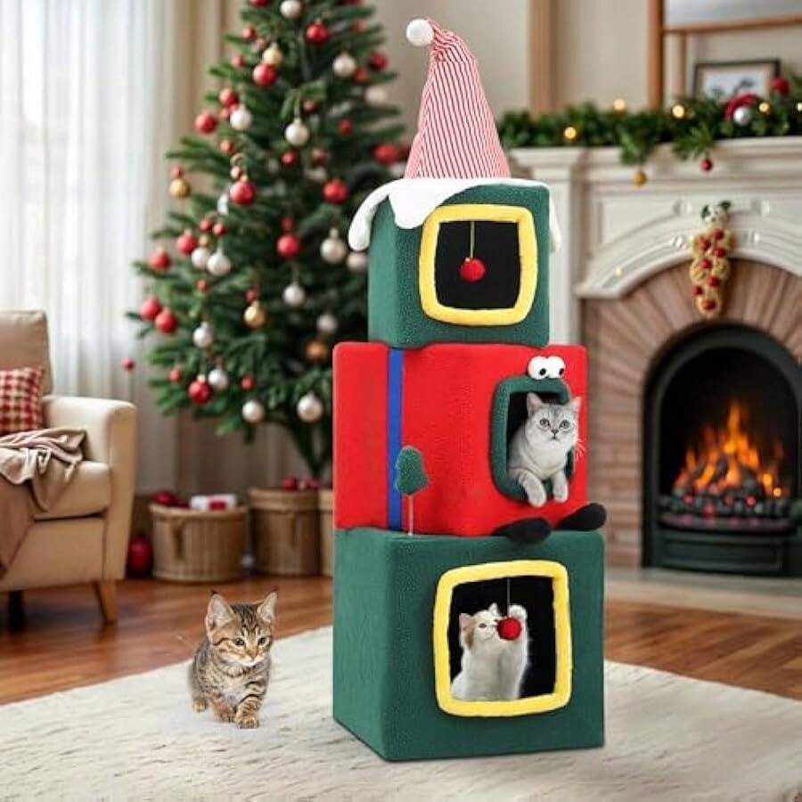 60inch Christmas Cat Tree For Indoor Cats With 3 Cat House Cat Tower ...
