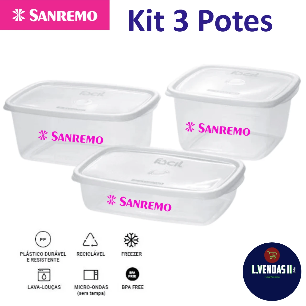 Kit 3 Transparent Sanremo Reusable Food Containers For Kitchen And ...