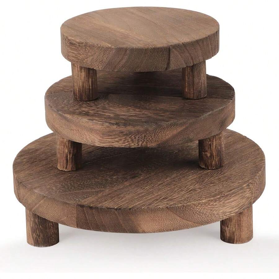 3 Pcs Wood Plant Stand Indoor Outdoor, Round Wood Riser For Decor ...
