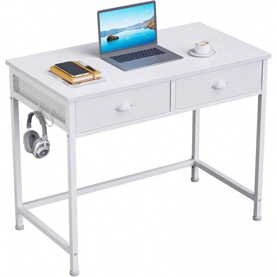 White Small Computer Desk With 2 Fabric Drawers, 36-Inch Minimalist ...