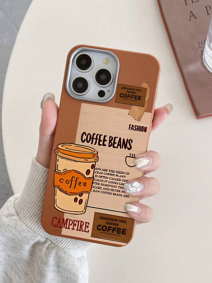Luxury Leather-Feel Letter Print & Coffee Cup Pattern Phone Case, Anti ...