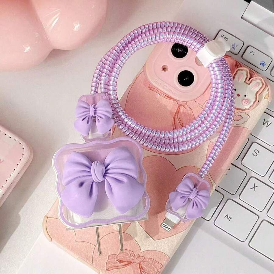 5pcs/Set Charger Protector Case With 3D Black Bow Design, Compatible ...