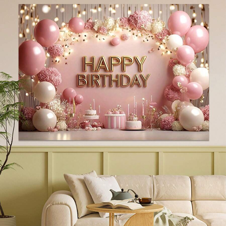 1pc Romantic Birthday Party Backdrop Decoration Banner, Pink Balloons ...