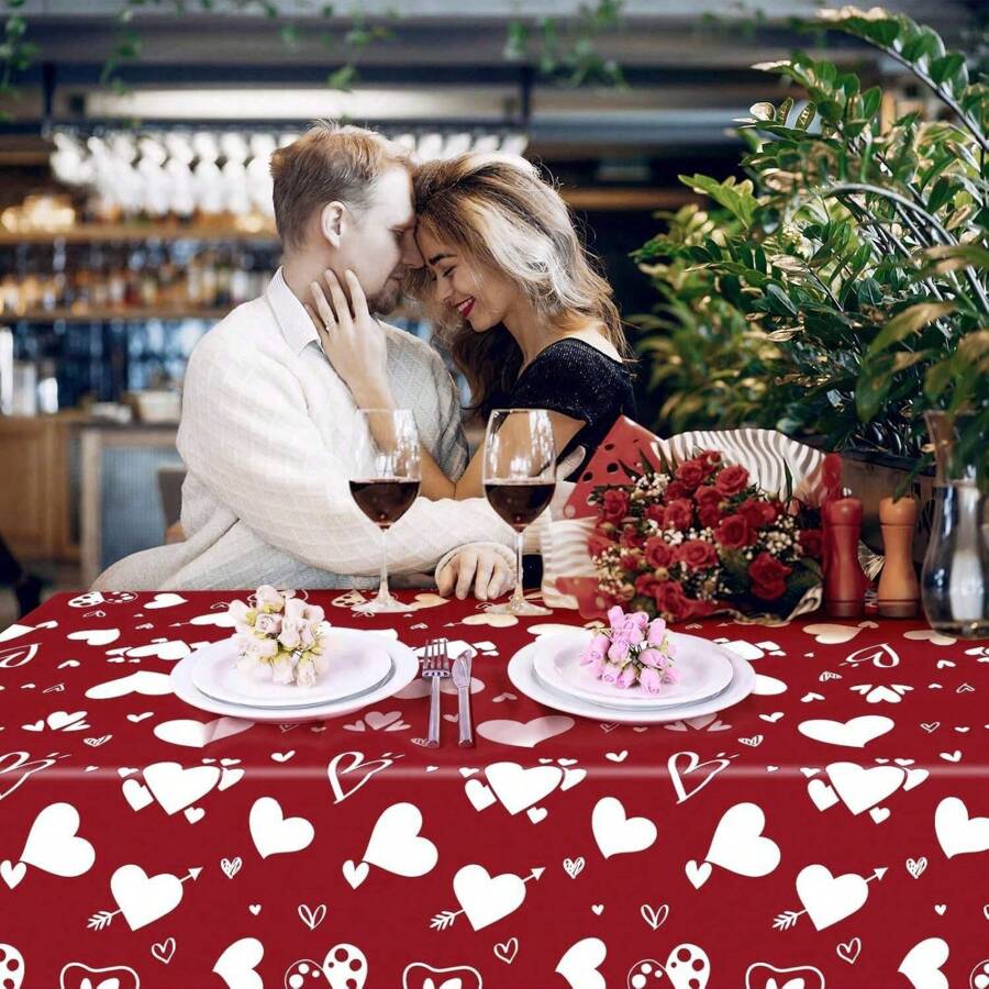1-Pack Valentine's Day Plastic Tablecloth - Red With White Heart Design ...