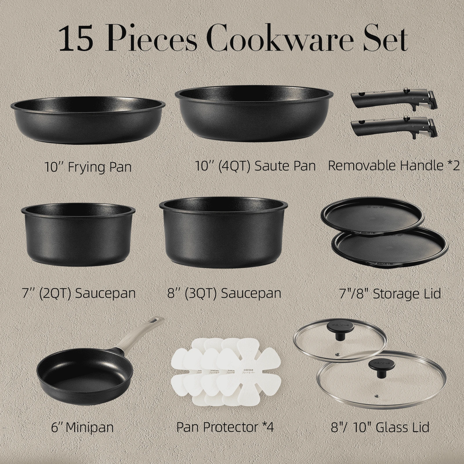 Carote Nonstick Cookware Sets, 15 Pcs Granite Non Stick Pots And Pans ...