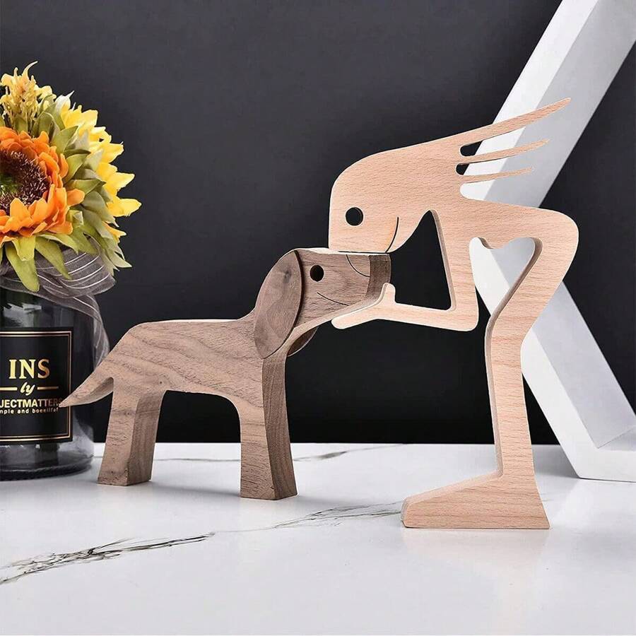1 Pc, Handmade Wooden Statues Of Humans And Dogs - Expressing Love For ...