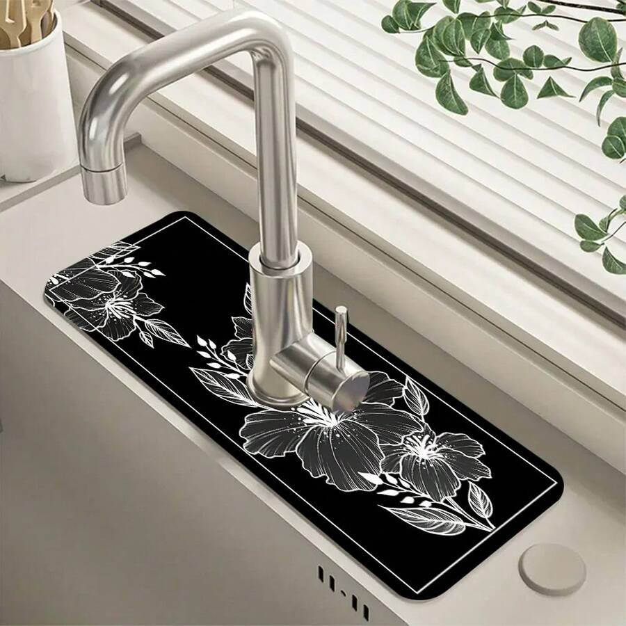 1pc White Flower Faucet Mat For Kitchen Black Kitchen Accessories ...