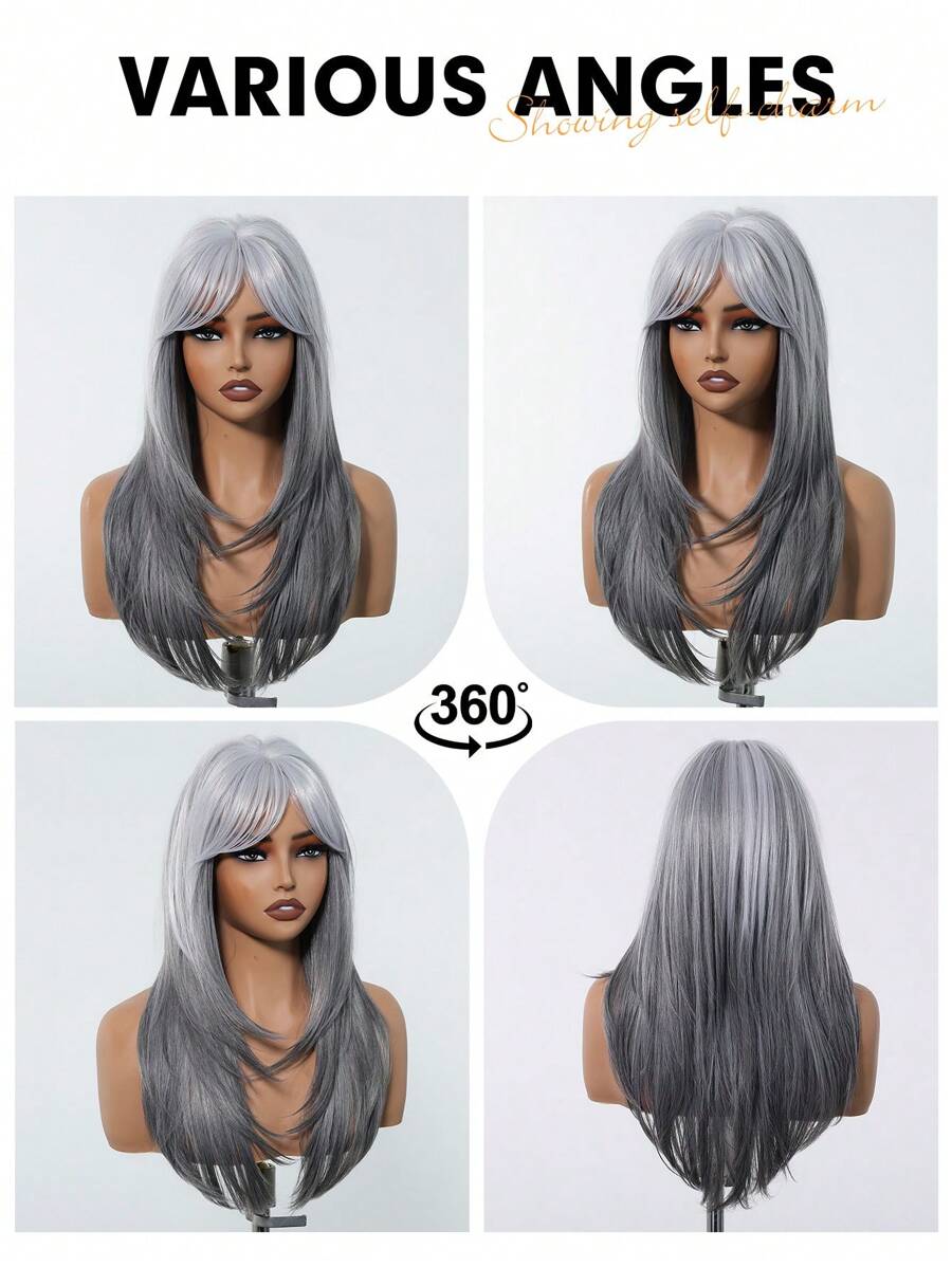 22 Inch Long Straight Synthetic Wig Grey White Ombre Wig For Women Heat ...