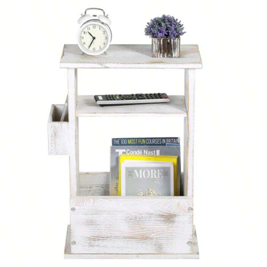 MyGift Whitewashed Wood Narrow Side Table With Storage Shelf, Wooden ...