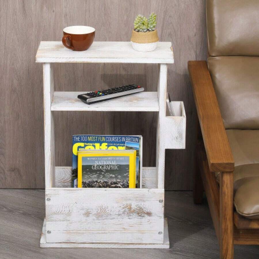MyGift Whitewashed Wood Narrow Side Table With Storage Shelf, Wooden ...