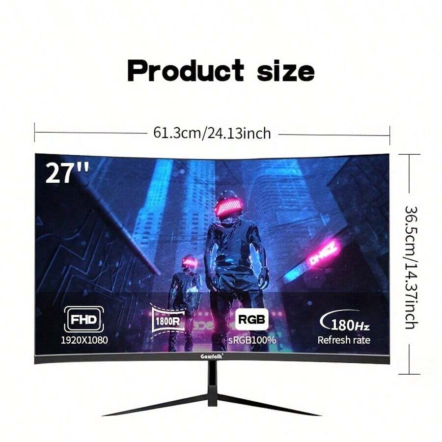 GAWFOLK Gawfolk 27 Inch Curved Gaming Monitor 1K 180Hz, PC Screen Full ...