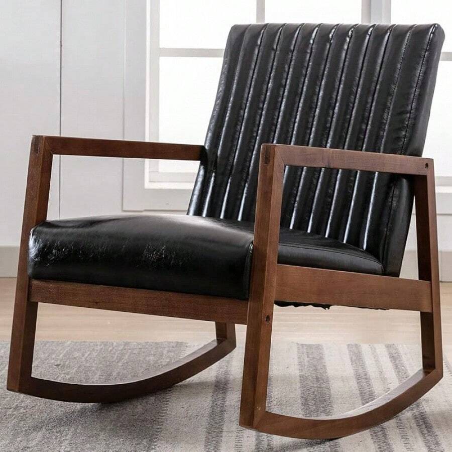 VESCASA Upholstered Faux Leather Rocking Chair With Channel-Tufted Back ...