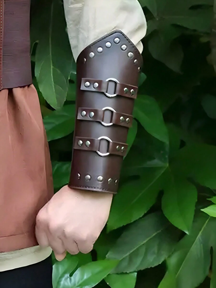 1pc Unisex Brown PU Leather Wristguard Circle Decorative Cuff, Vintage ...