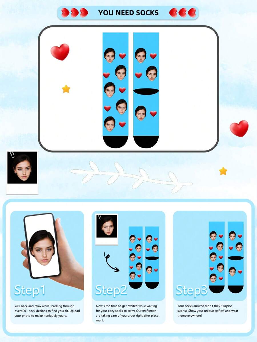 1 Par de Meias Personalizadas Azuis Femininas, Meias com Rosto ...