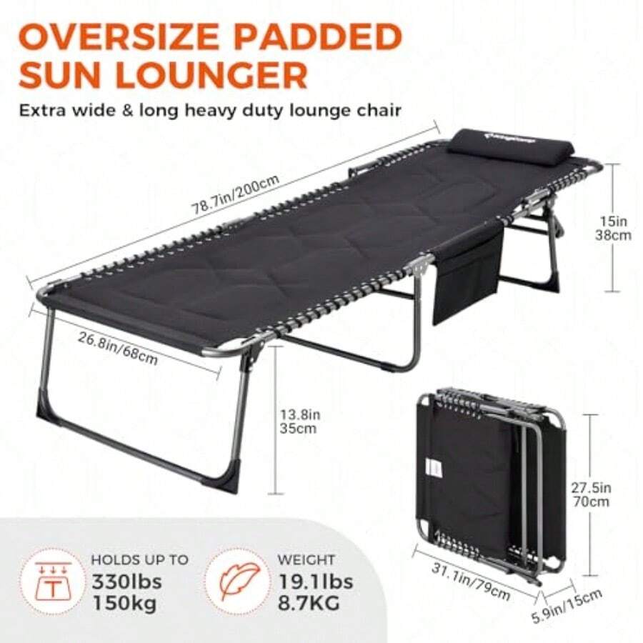 Oversize Padded Sun Lounger Garden 5-Position Adjustable Backrest 78 ...