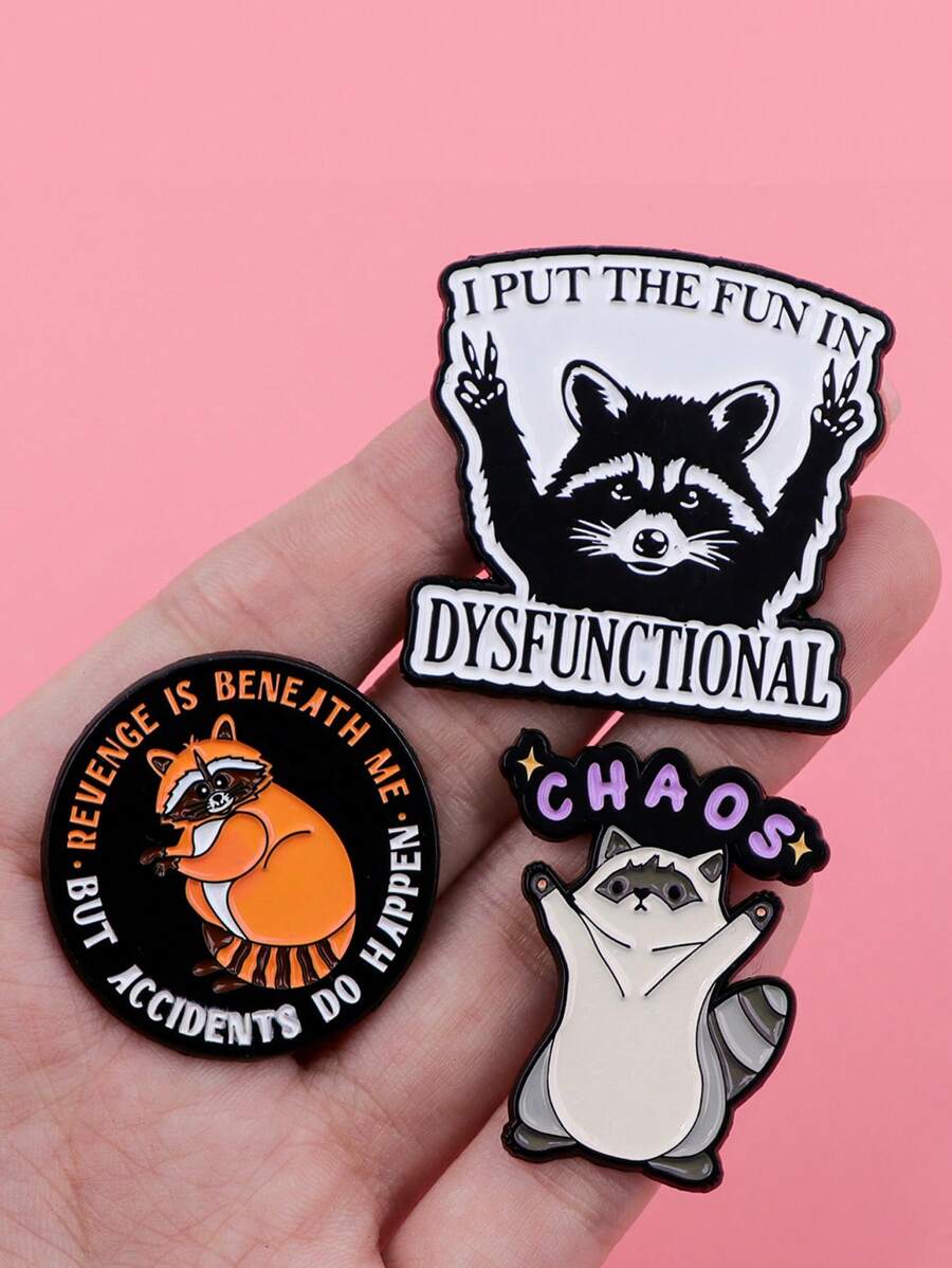 3Pcs Cute Raccoon Enamel Pins Funny Quotes Brooches For Women Lapel ...
