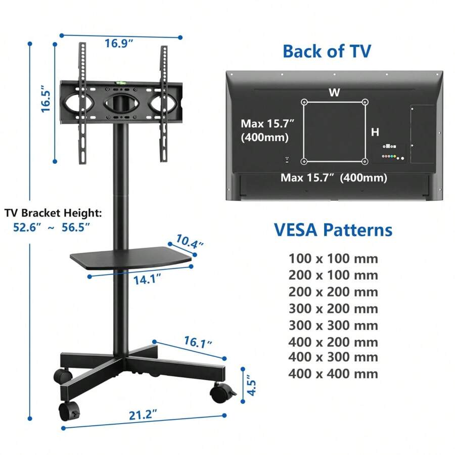 TVON Modern Rolling TV Stand Mobile TV Cart For 32 To 60 Inch Flat ...