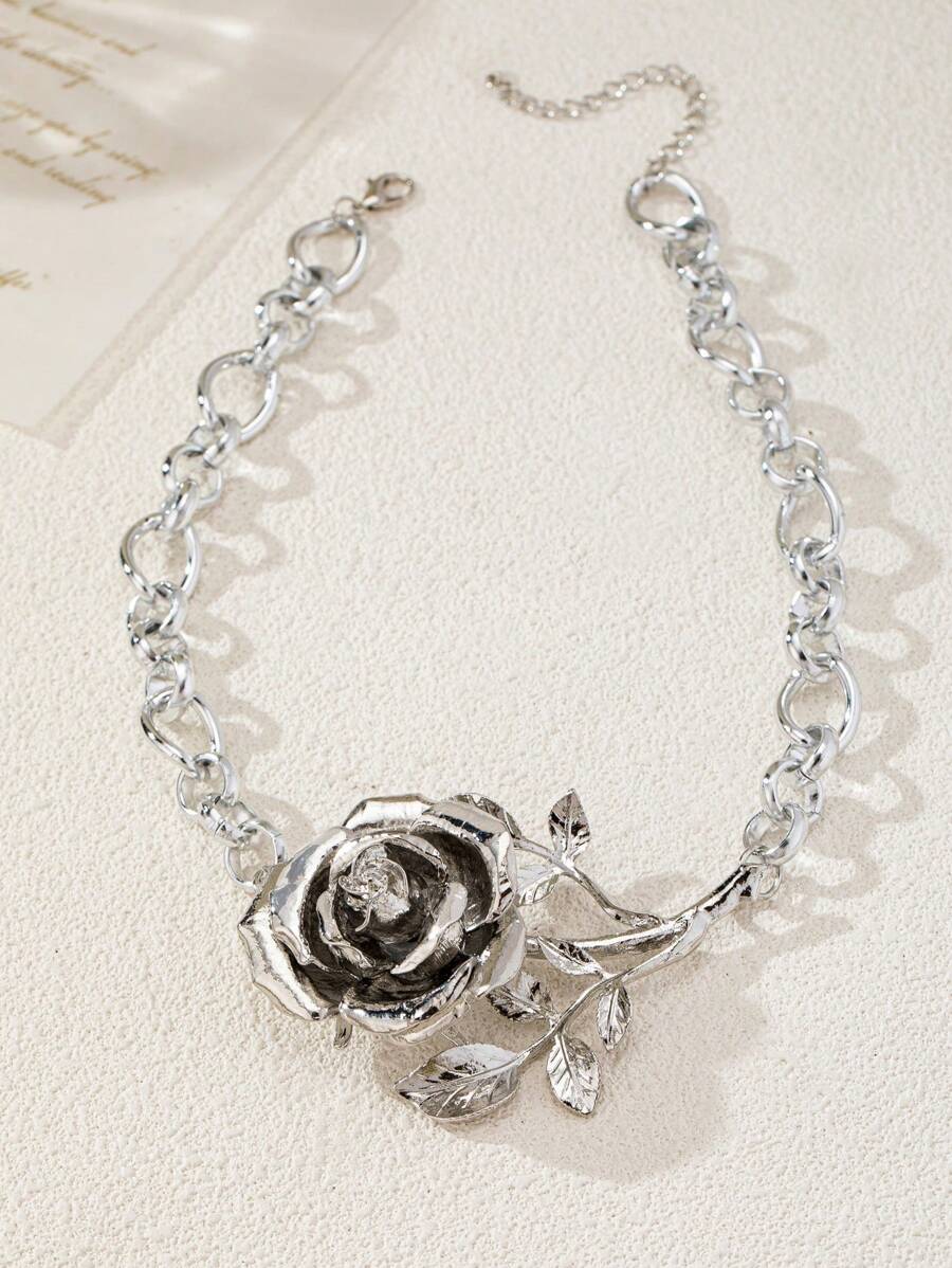 1pc New Vintage French Design Edgy Rose Flower Pendant Chain Necklace ...