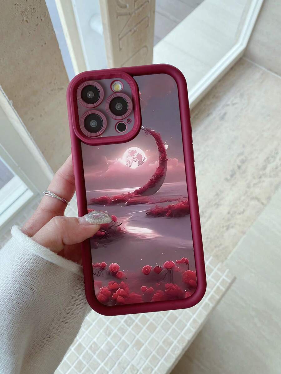 1 个月亮花朵图案手机壳，采用微孔设计，保护相机并防震，酒红色，兼容 iPhone 11 Pro Max/12 Pro Max/13 Pro ...