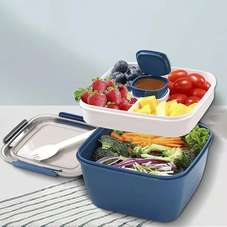 1100ml Portable Lunch Box Container 2 Layer Grid Salad Bowl Bento Boxes ...