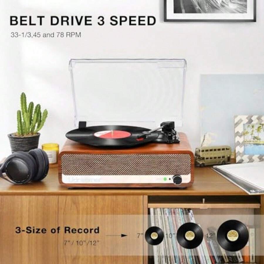 Udreamer Record Player Bluetooth Turntable Vintage Vinyl Player USB AUX-In Headphone RCA Line ...