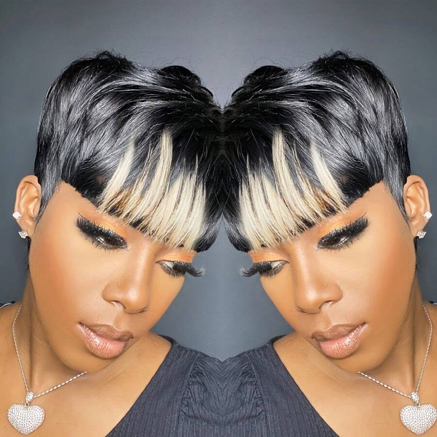 Human Hair Pixie Cut Wig With Bangs Brazilian Full Machine Made Wigs 1B ...