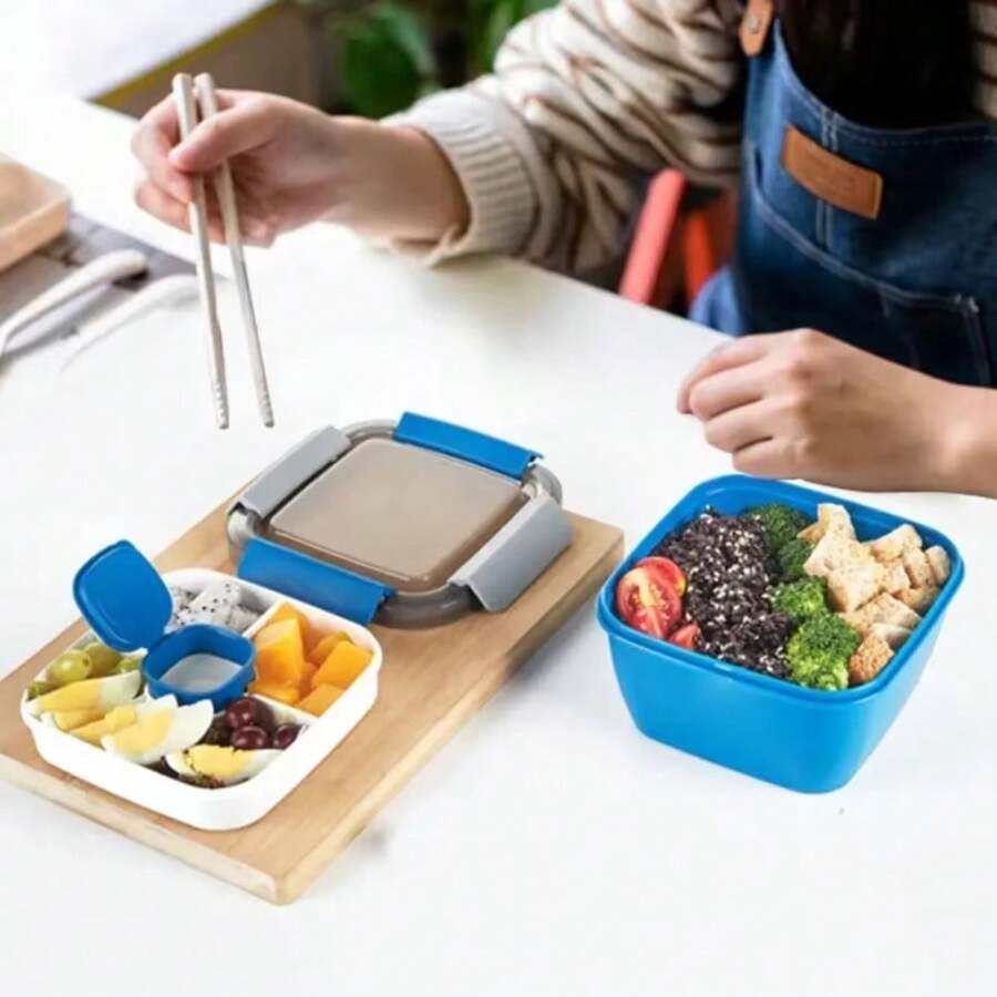1100ml Portable Lunch Box Container 2 Layer Grid Salad Bowl Bento Boxes ...