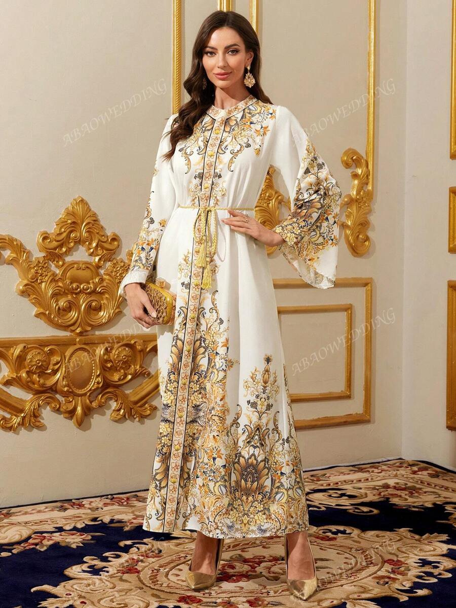 Women's Middle East Dubai Style V-Neck Long Dress With Tassel Belt ...