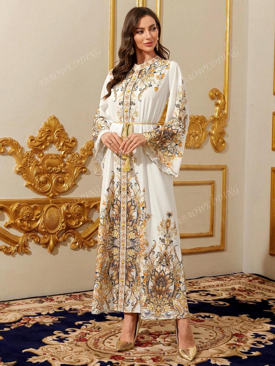 Women's Middle East Dubai Style V-Neck Long Dress With Tassel Belt ...