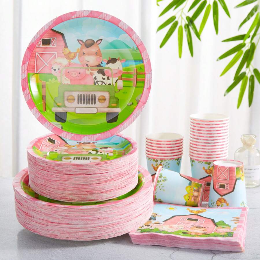 10pcs/Set Pink Farm Car Disposable Plates, Napkins, Cups, 7/9 Inch ...