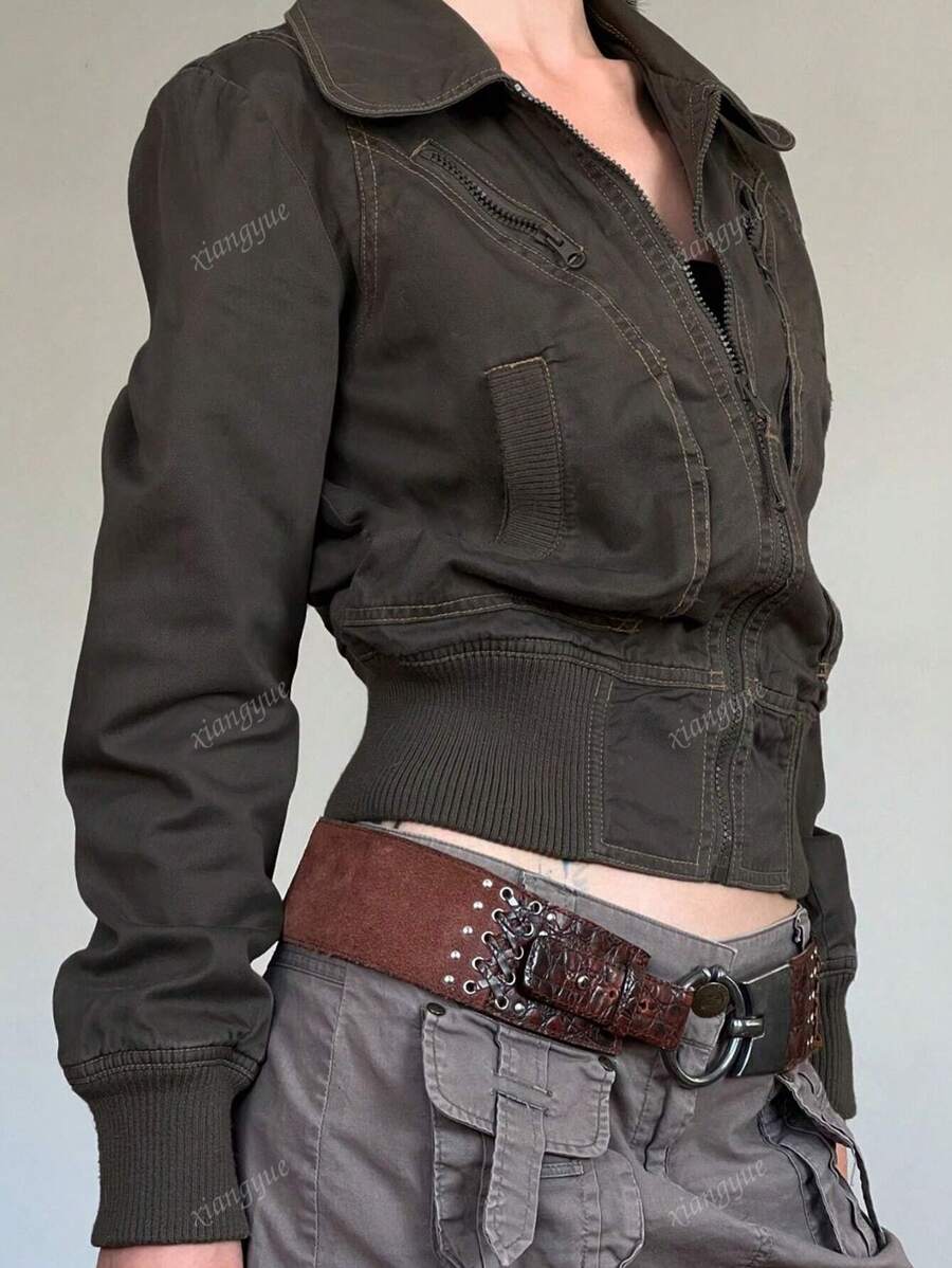 Casual Pockets Zipper Women Jackets Turndown Collar Long Sleeve ...