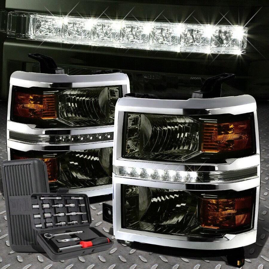 FOR 14-15 CHEVY SILVERADO LED DRL SMOKED HOUSING AMBER CORNER HEADLIGHT ...