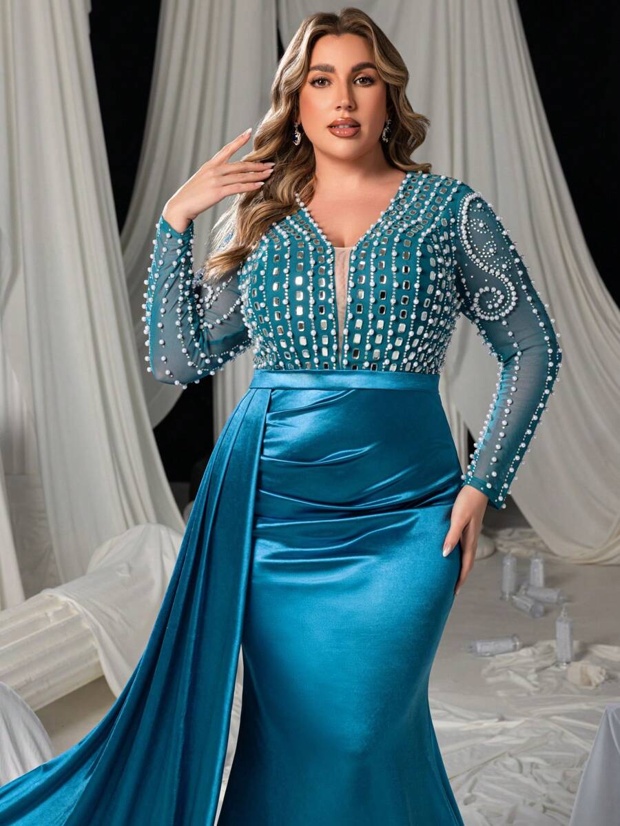 Faeriesty V-Neck Long-Sleeve Evening Gown With Beaded Bodice ...