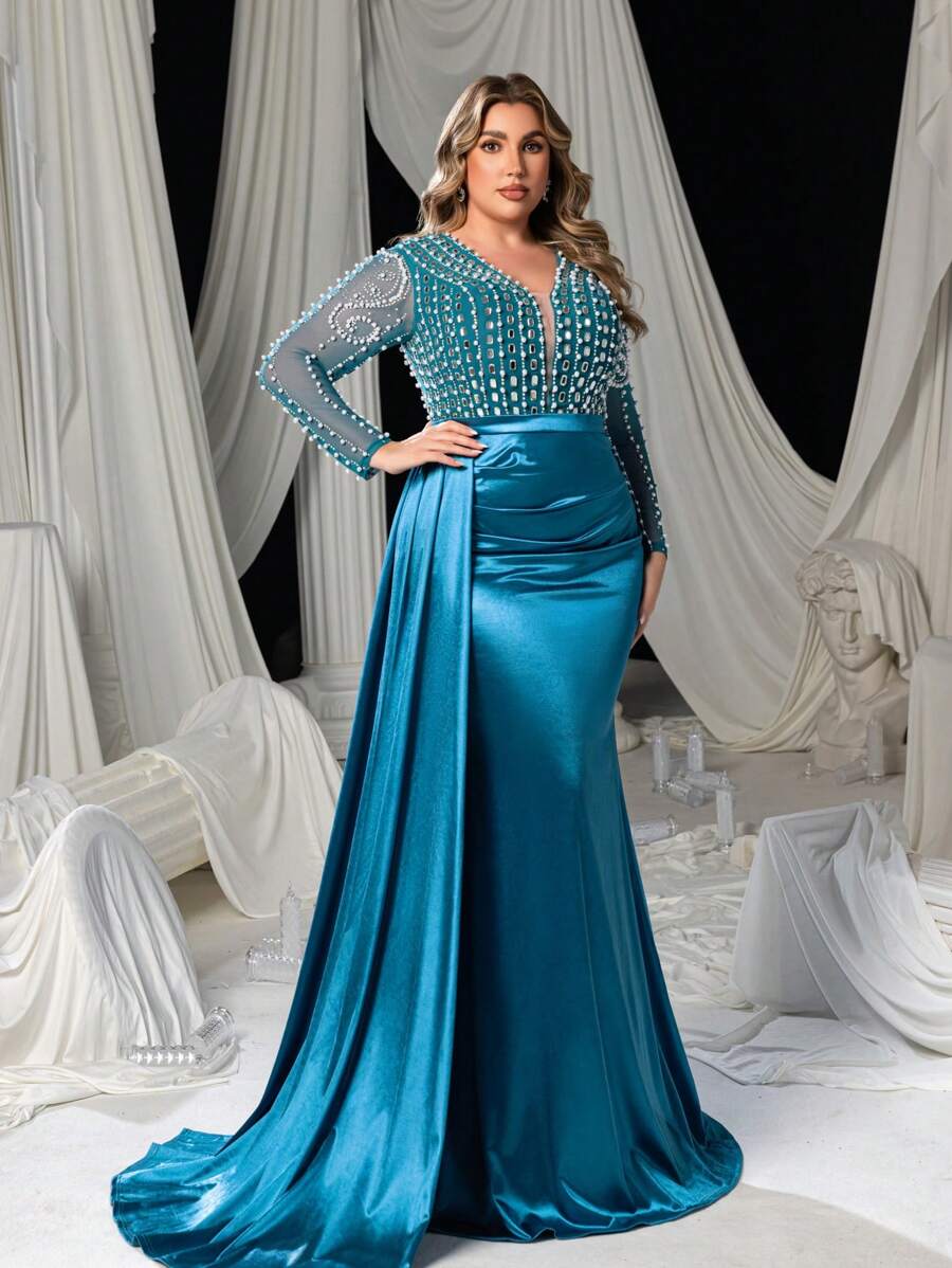 Faeriesty V-Neck Long-Sleeve Evening Gown With Beaded Bodice ...