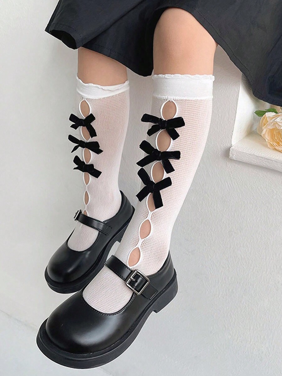 2 Pairs Baby Girls Lolita Bow Socks Girl Bow Calf Socks Cute High Girls ...