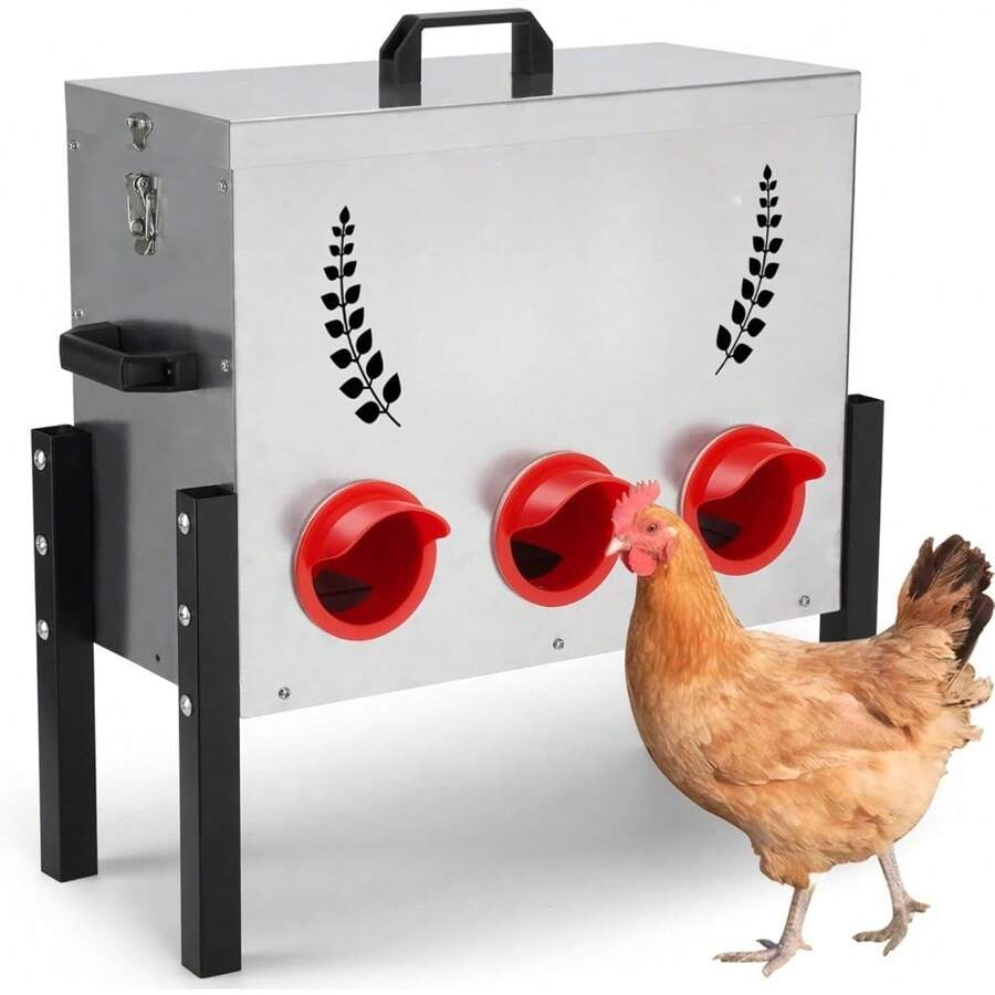 Chicken Feeder Box 30 Lbs Galvanized Metal, 6 Feeding Ports, Comes With ...