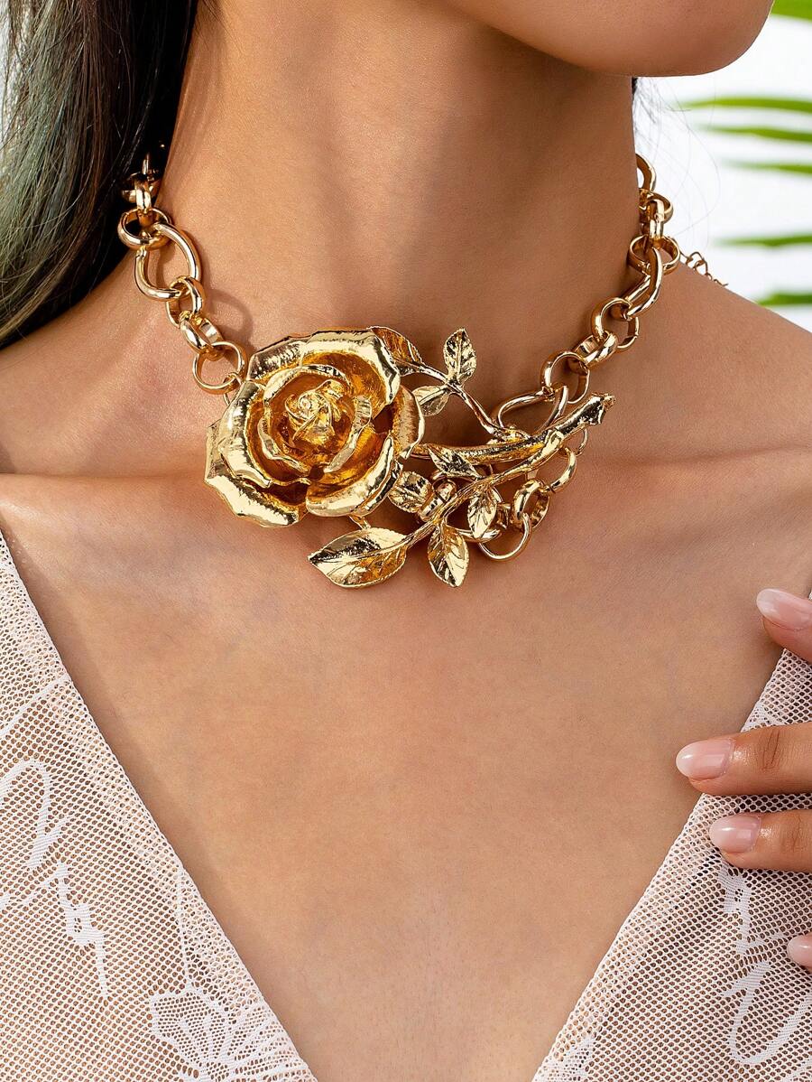 1pc New Vintage French Design Edgy Rose Flower Pendant Chain Necklace ...