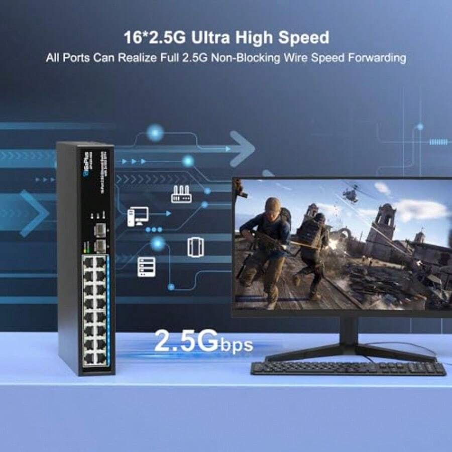 10 Port 2.5Gb Unmanaged Ethernet Switch 8 2.5G Base-T Ports 2 10G SFP+ Ports Fanless Design Plug ...