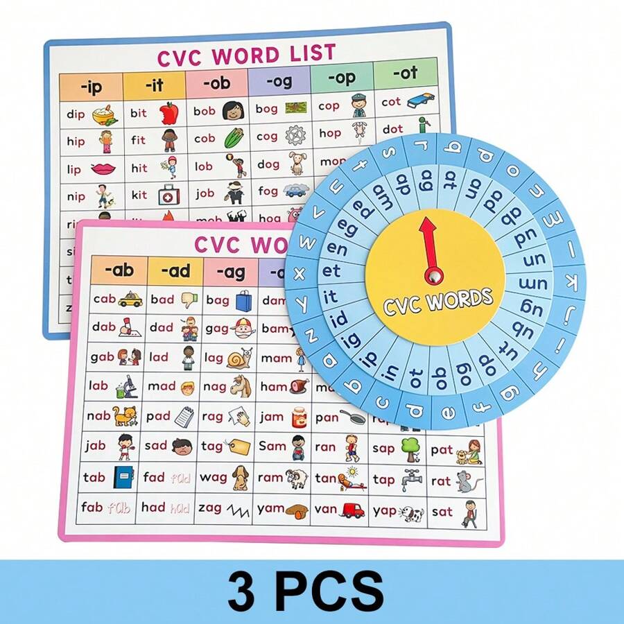 Lachilly CVC Words Phonics Turntable, CVC Word List Learning Posters ...