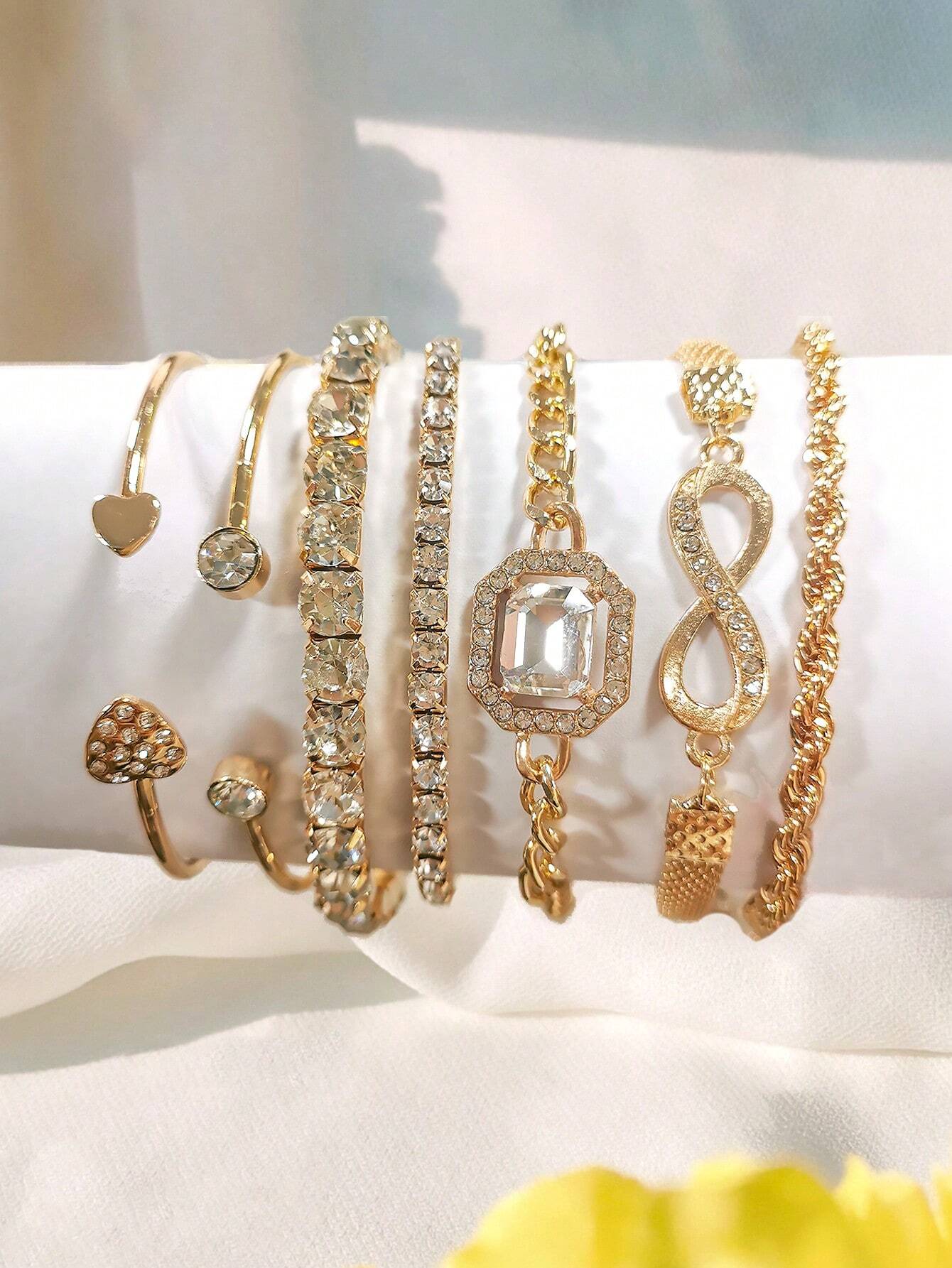 7pcs Sparkling Crystal Zirconia Bracelets Set, Women Geometric Square ...