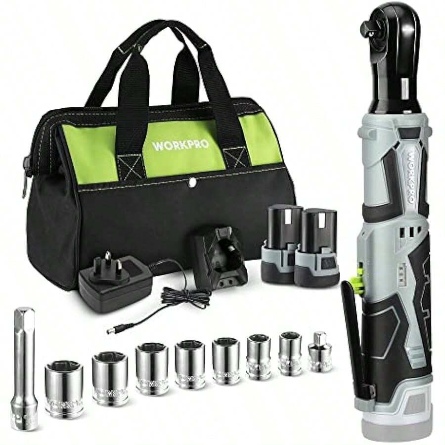 WORKPRO 3/8" Cordless Ratchet Wrench Set 7 Sockets Extension Bar And Adapter 1H Fast Charger 12V ...
