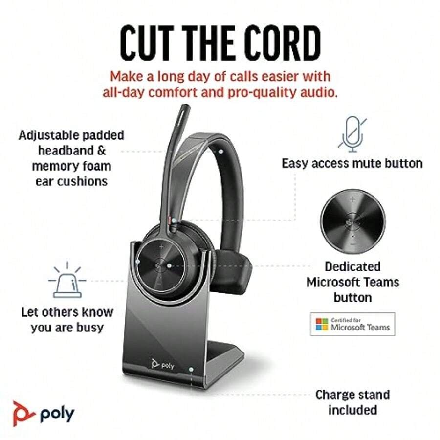 Poly Voyager 4310 UC Wireless Headset And Charge Stand Single Ear ...