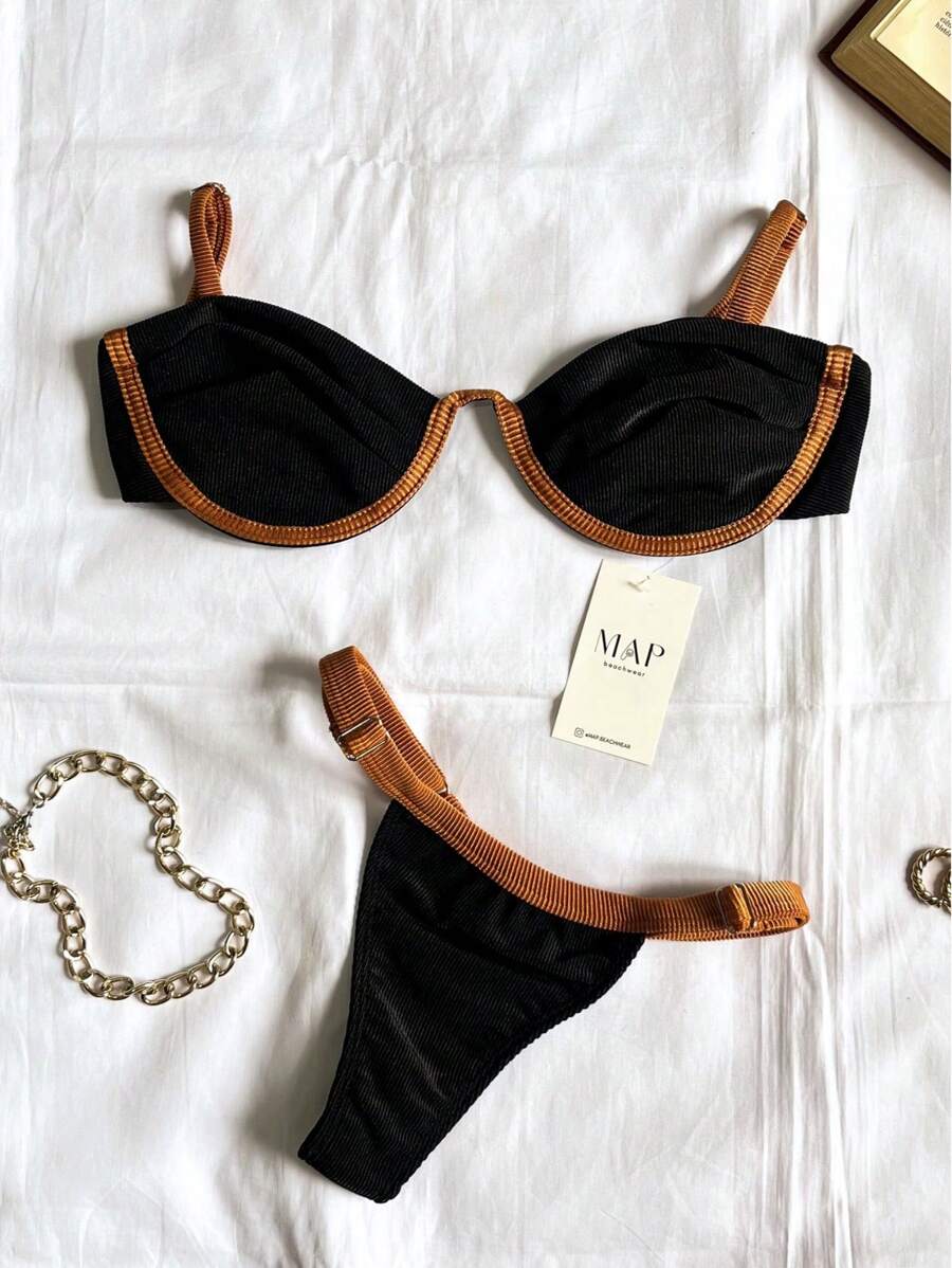 Double Underwire Half Cup Bikini With Adjustable Strappy Thong Panties ...