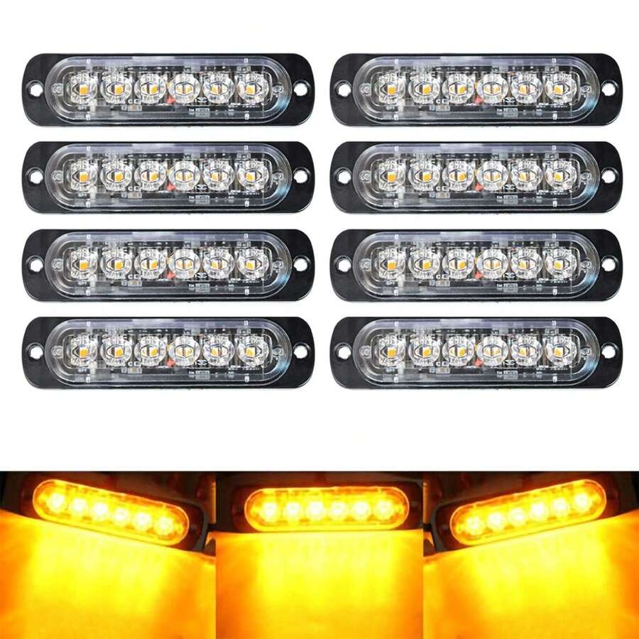8-Pack 6-LED Amber Strobe Lights Kit: 12V-24V Emergency Vehicle Lights ...