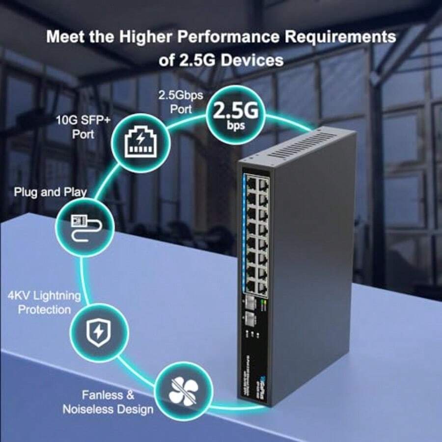 10 Port 2.5Gb Unmanaged Ethernet Switch 8 2.5G Base-T Ports 2 10G SFP+ Ports Fanless Design Plug ...
