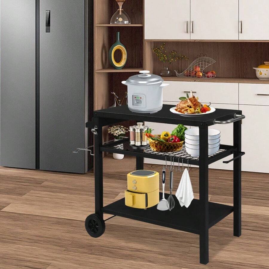3 Tiers Outdoor Grill Cart Table Movable BBQ Trolley Food Prep Cart ...