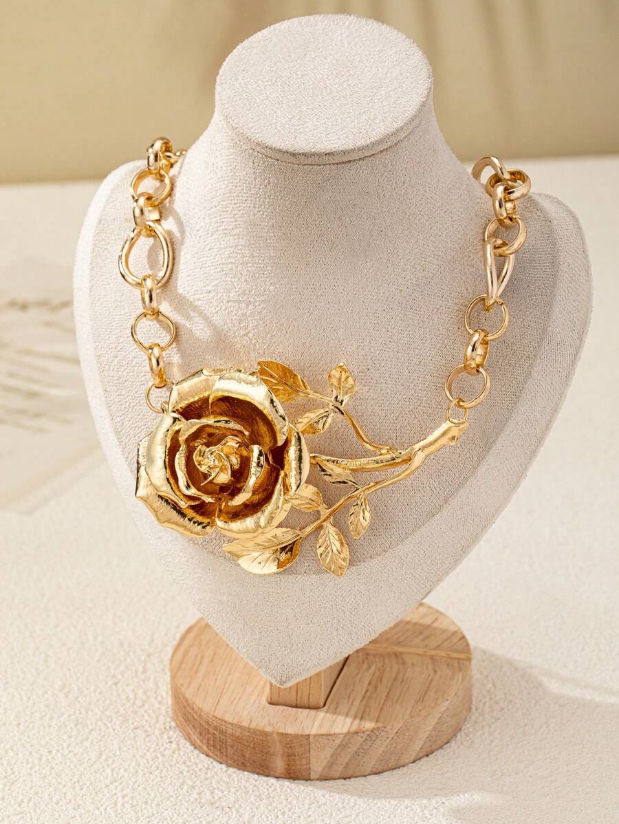 1pc New Vintage French Design Edgy Rose Flower Pendant Chain Necklace ...
