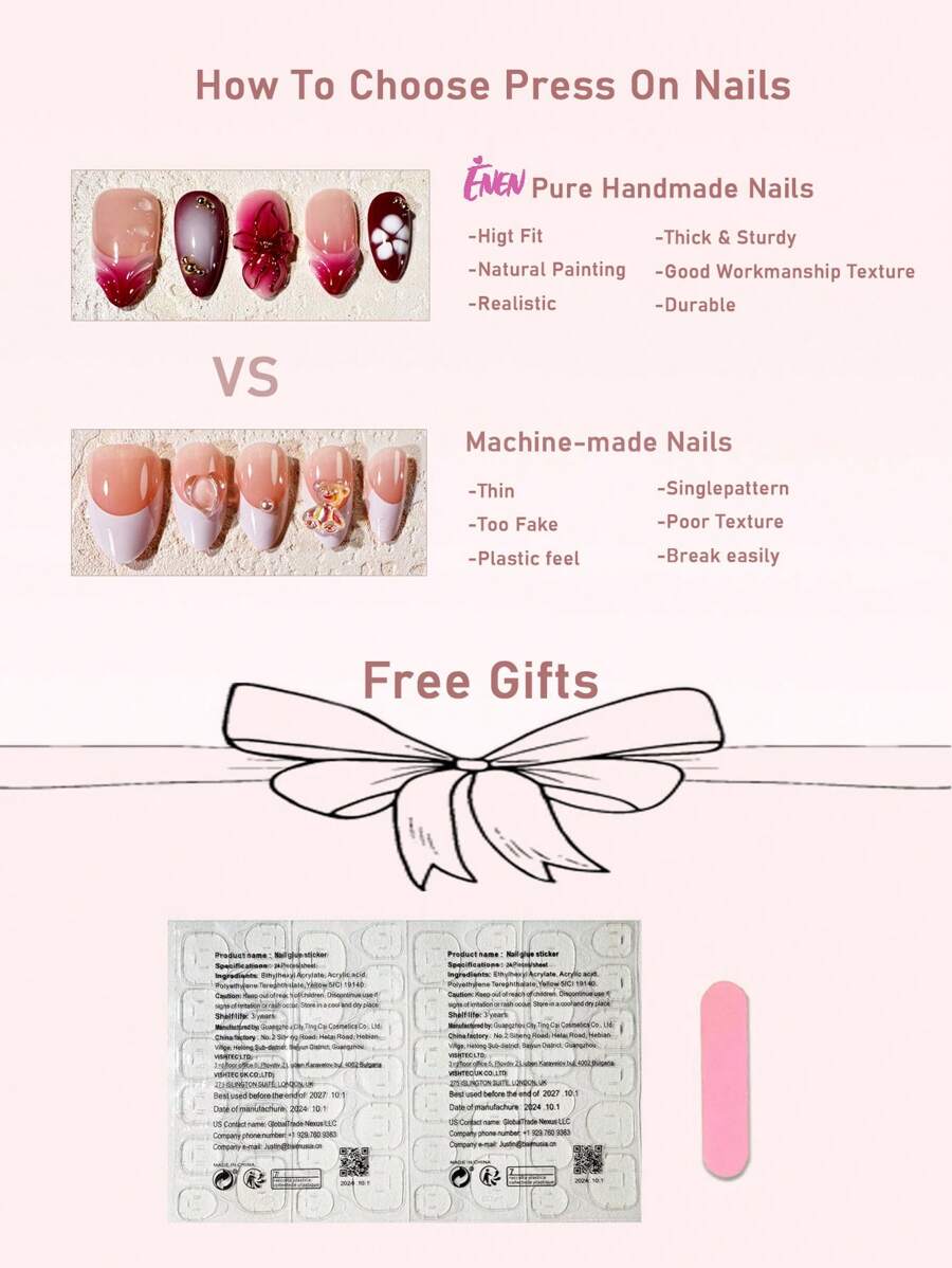 Pure Handmade Nails Heart Nails Valentine Nails Coffin Press On Nails ...
